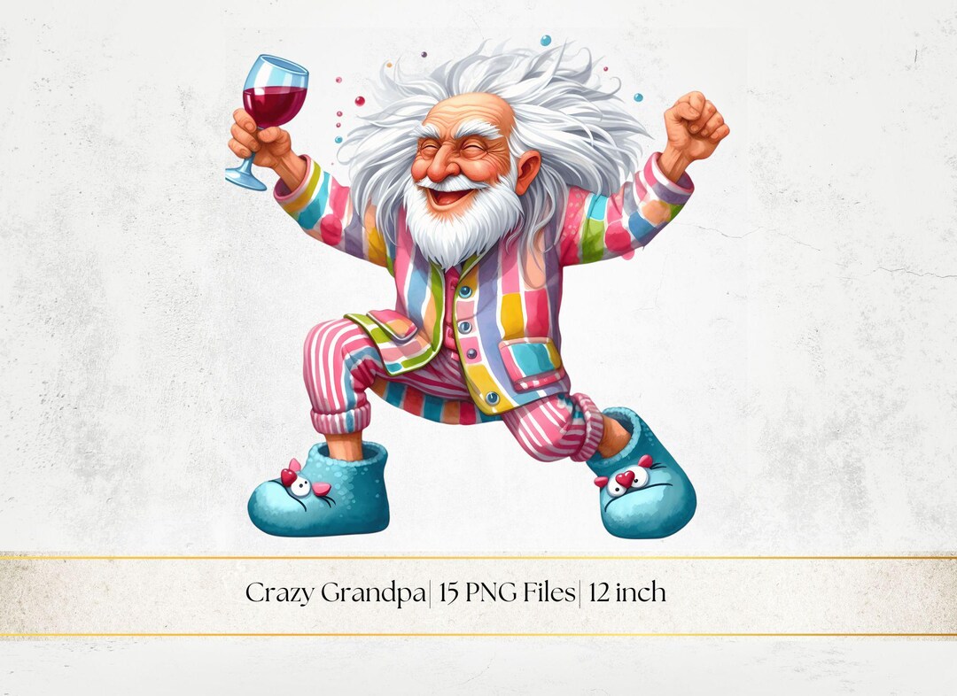 Funny Grandfather Watercolor Clipart: Crazy Grandpa in Pajamas (15 PNG ...