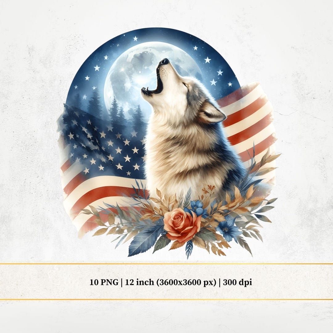 Patriotic Fierce Wolf PNG, USA Flag Animal, Watercolor Wolf Howling at ...
