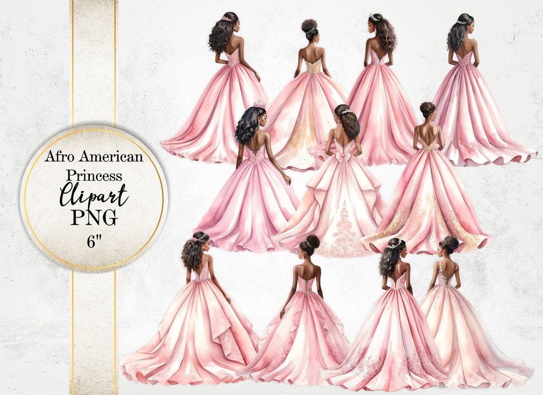 Pink Dress Princess Watercolor Clipart: Afro American PNG Files - Etsy