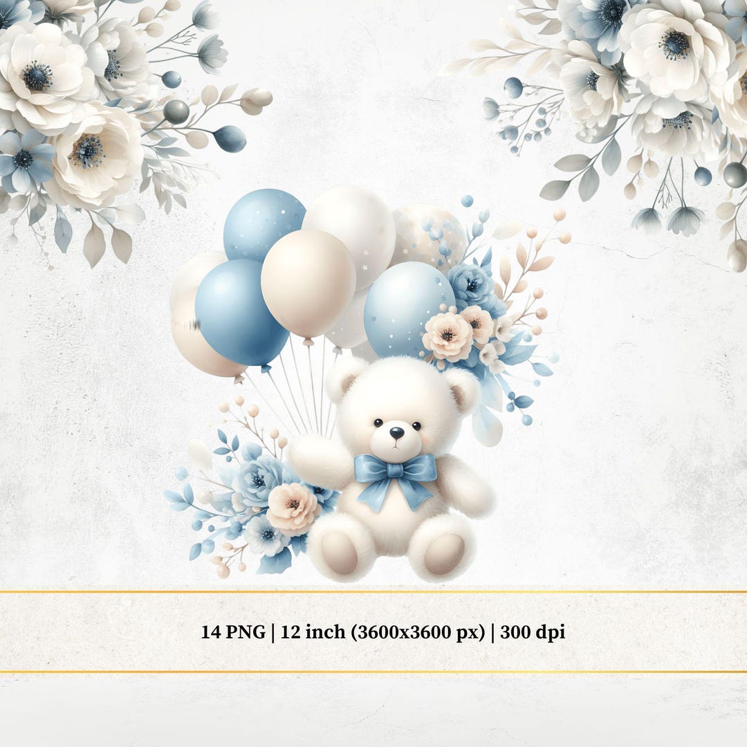 Blue Balloon Teddy Bear Clipart: Watercolor Nursery Art (PNG Download ...
