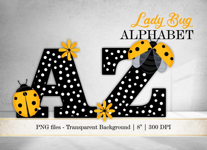 Yellow Ladybug Letters PNG, A to Z Alphabet Graphics, Polka Dots ...