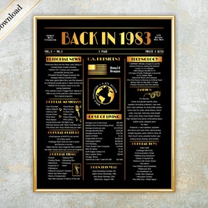 Luxury Back in 1983 Sign, Golden Digital Newspaper Poster, White or ...
