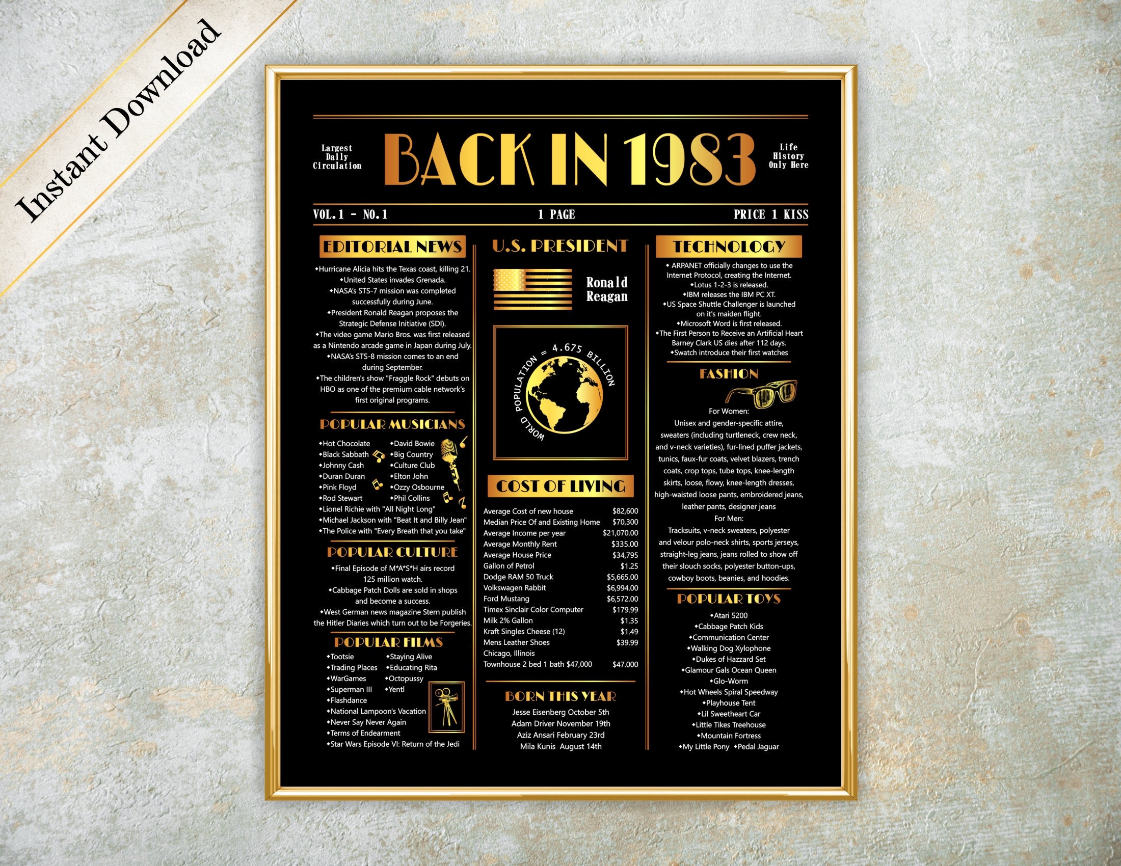 Luxury Back in 1983 Sign Golden Digital Newspaper Poster - Etsy