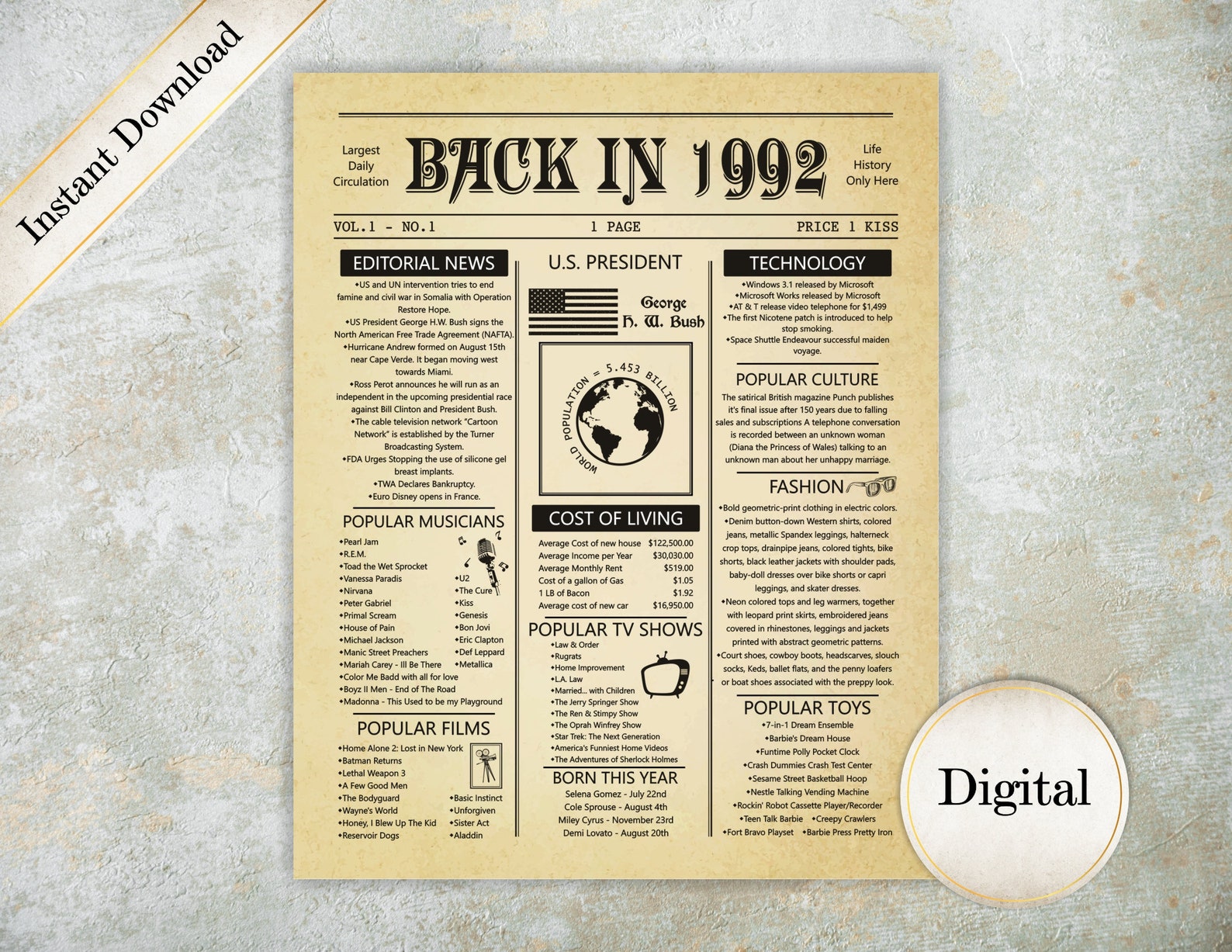 Back in 1992 Poster Back in Time Poster Birthday 1992 Facts - Etsy