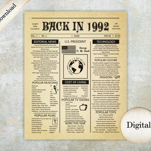Back in 1992 Poster, Back in Time Poster, Birthday 1992 Facts, Party ...