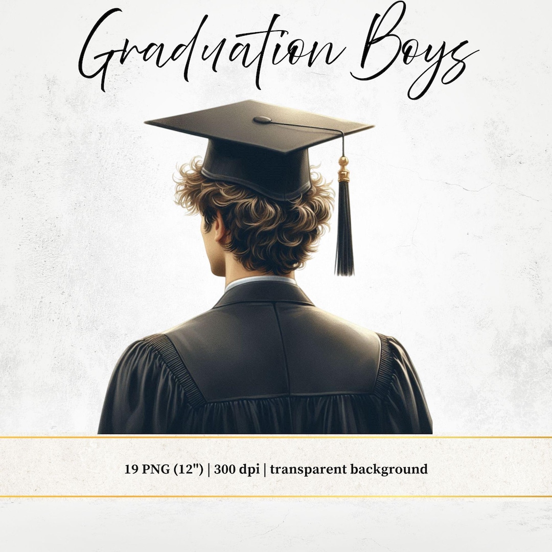 Watercolor Graduation Boy Clipart: Back View, Black Outfit (PNG Files ...