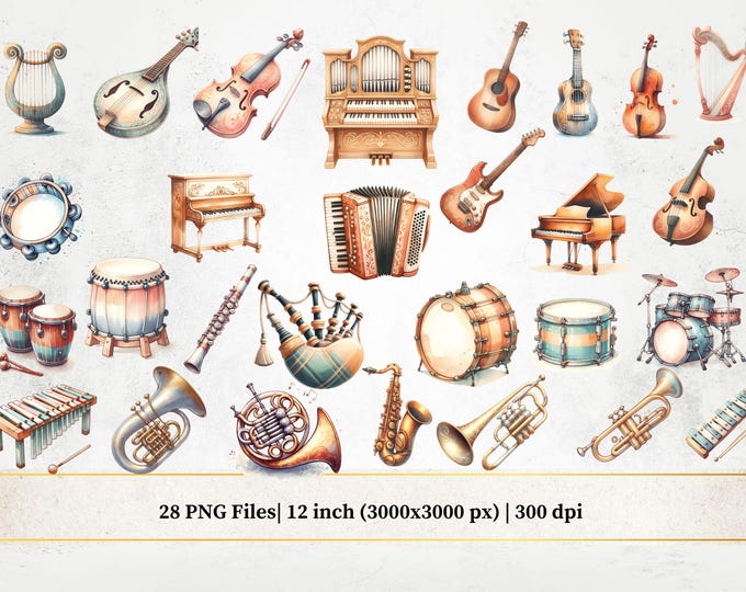 Watercolor Music Clipart, Musical Instruments, Piano, Guitar, Violin ...