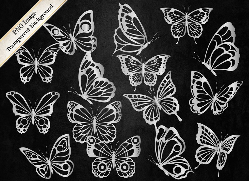 Silver Foil Butterflies Clipart: Lace PNG Graphics (commercial Use) - Etsy