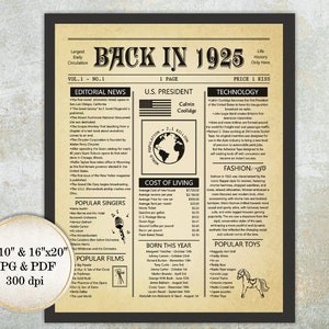 Back in 1925 Sign, Digital Newspaper Poster, Born in 1925, Printable ...
