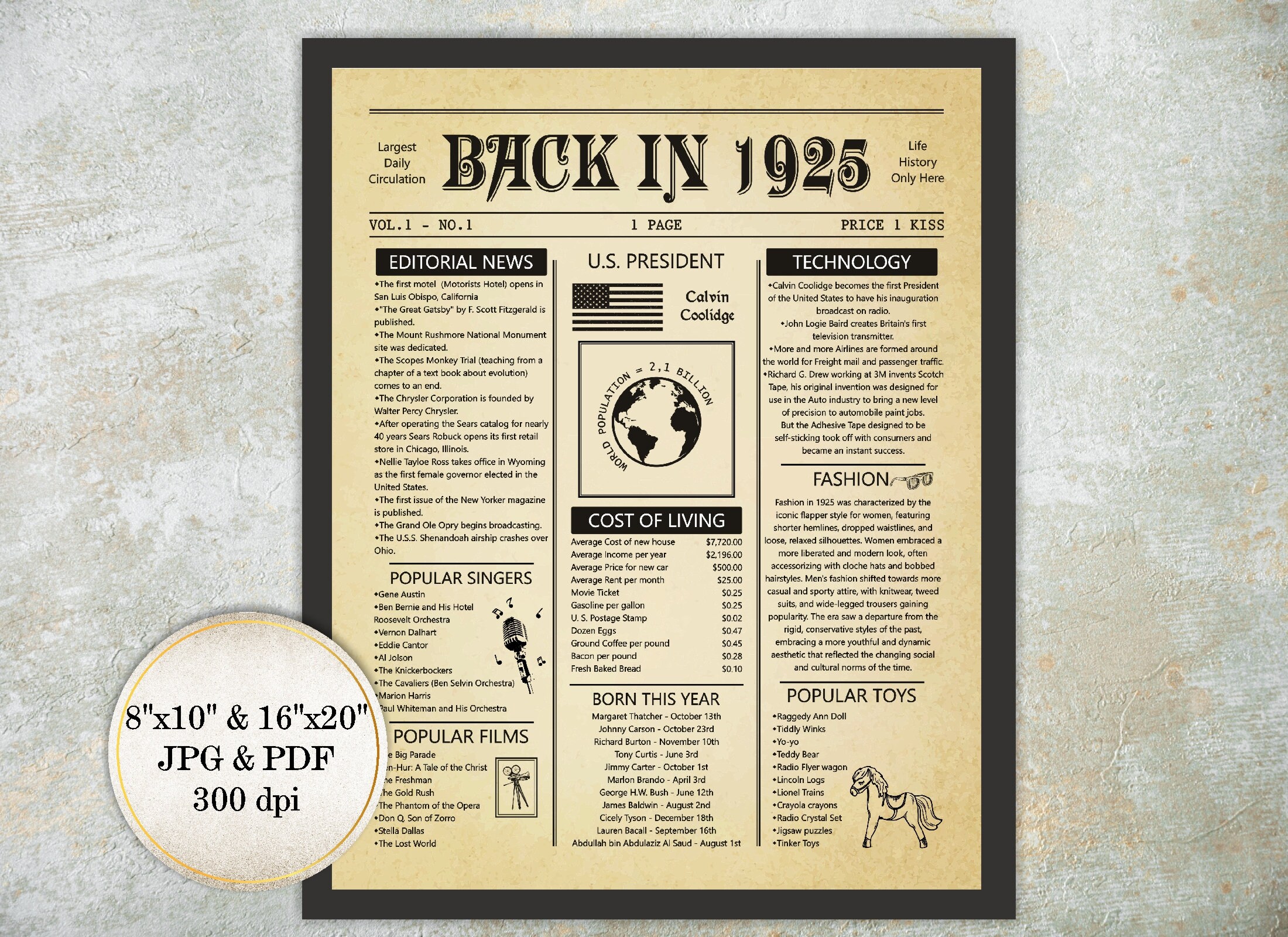 1925 Birthday Newspaper Poster: Printable Flashback Sign (digital ...