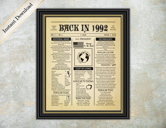 Back in 1992 Poster Back in Time Poster Birthday 1992 Facts - Etsy
