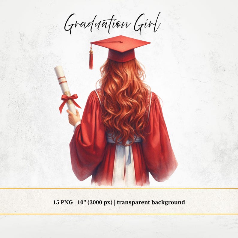 Watercolor Graduation Girl Clipart: Red Outfit, Diploma (PNG) - Etsy