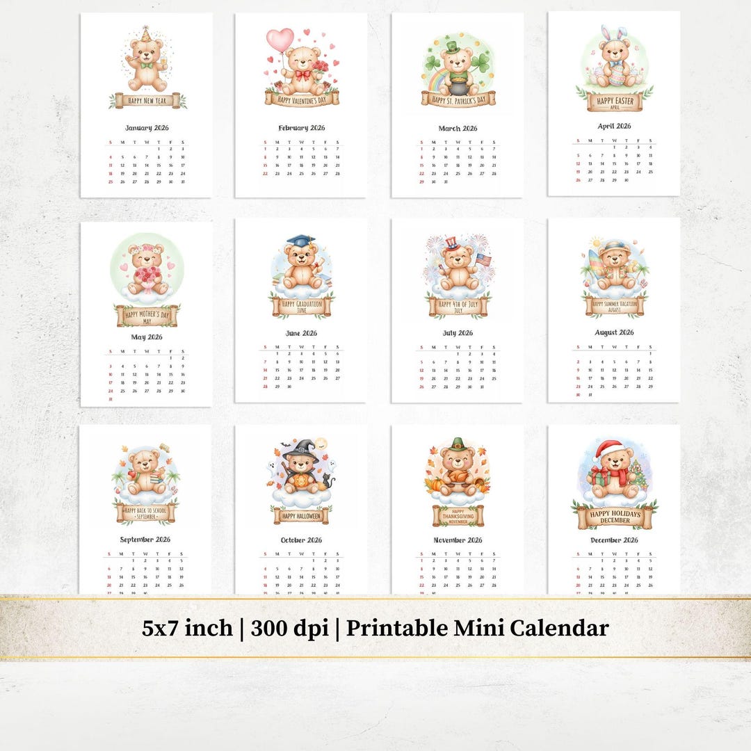 2026 Watercolor Teddy Bear Mini Calendar, 5x7 Inch , Wall Calendar ...
