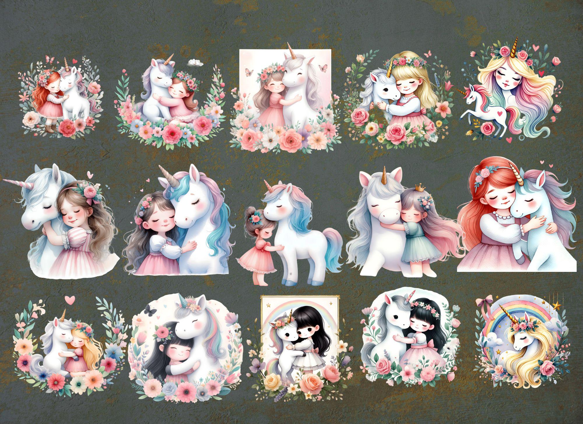 Girl Hugging Unicorn Watercolor Clipart (15 PNG Files) - Etsy