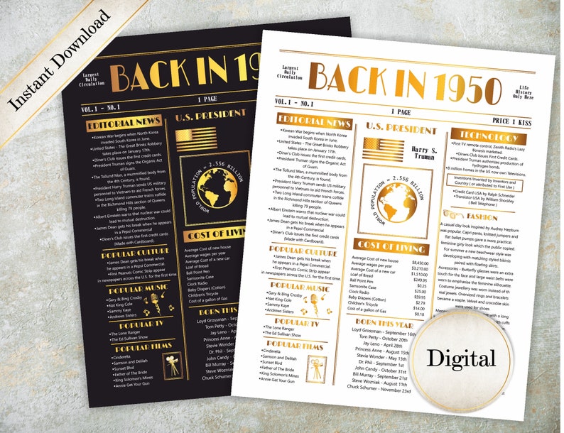 Golden Back in 1950 Poster Elegant 1950 Birthday Sign 1950 - Etsy