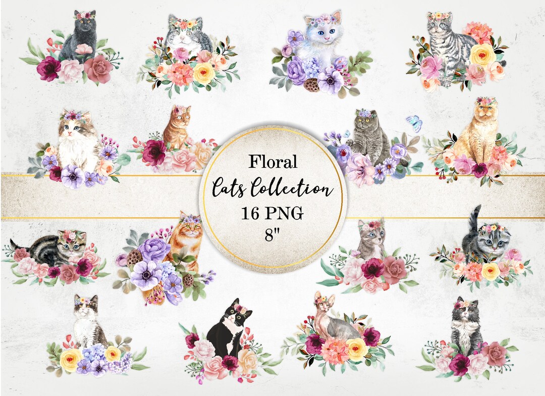 Floral Cats Clipart Collection, Spring Floral Watercolor Cats Images ...