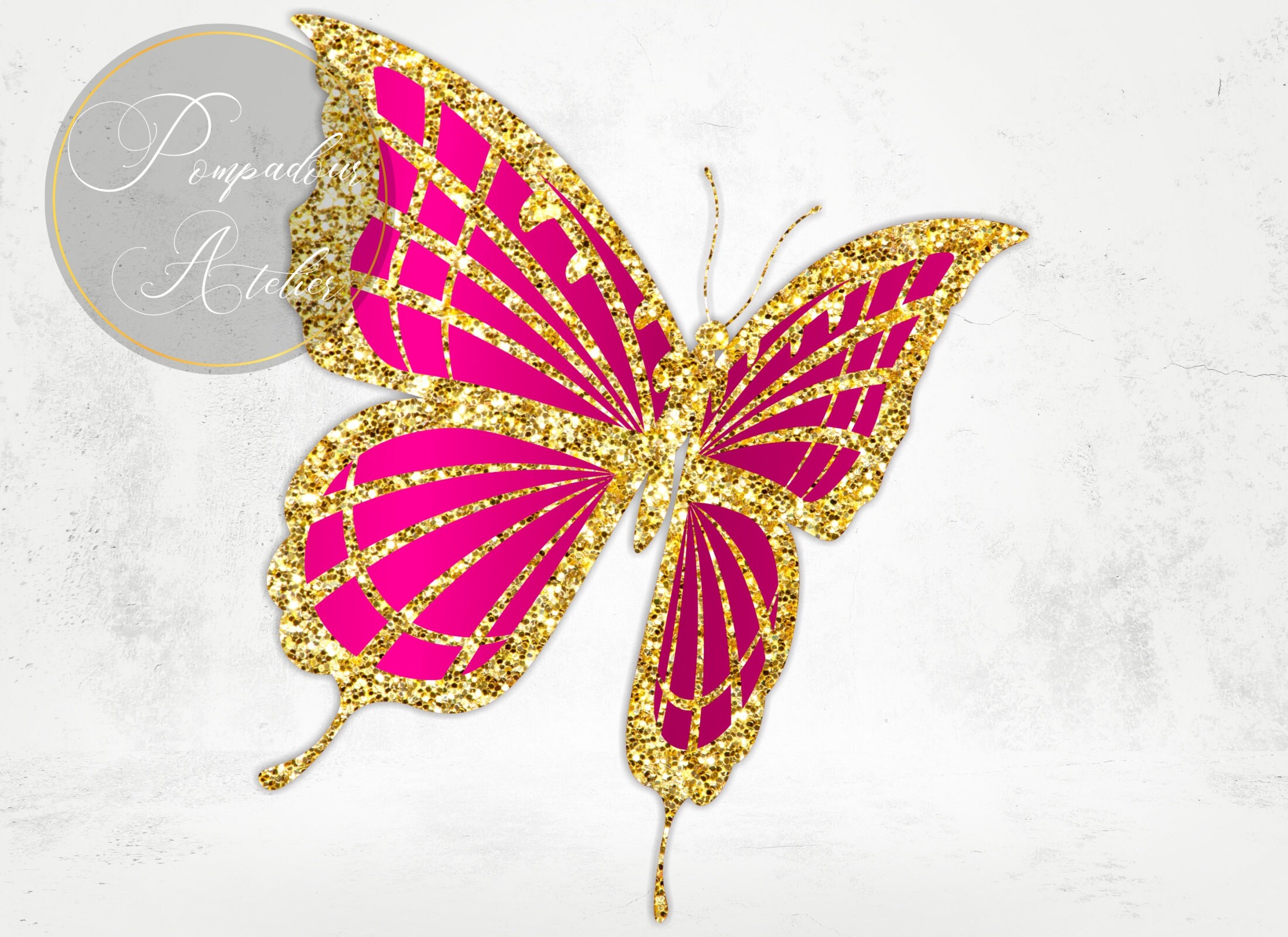 Gold Glitter Fuchsia Butterflies Clipart, PNG Image Bundle (digital ...