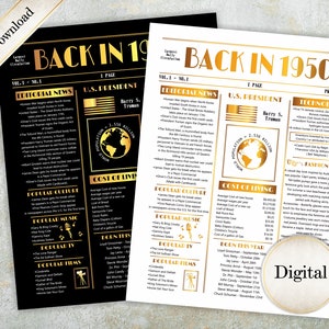 Golden Back in 1950 Poster, Elegant 1950 Birthday Sign, 1950 Facts ...