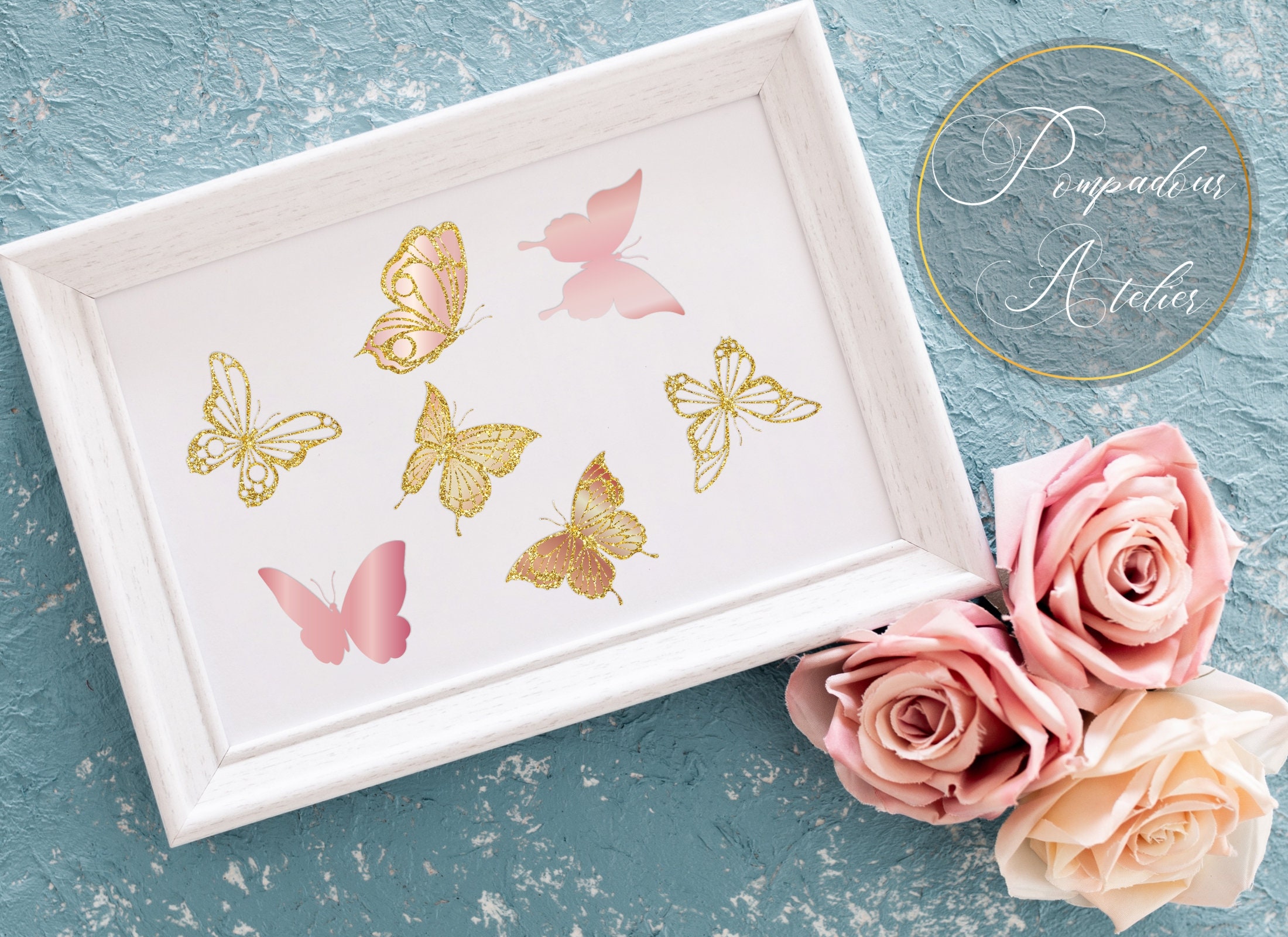 Gold Glitter Butterflies Clipart: Rose Gold, Lace, Metallic PNG ...