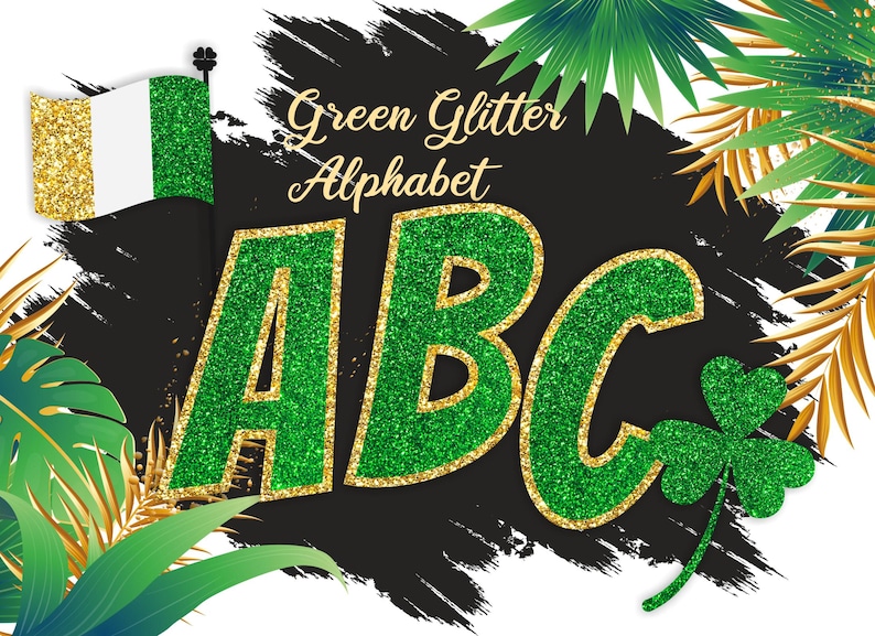 Green and Gold Glitter Alphabet Clipart, St Patricks Day Digital ...