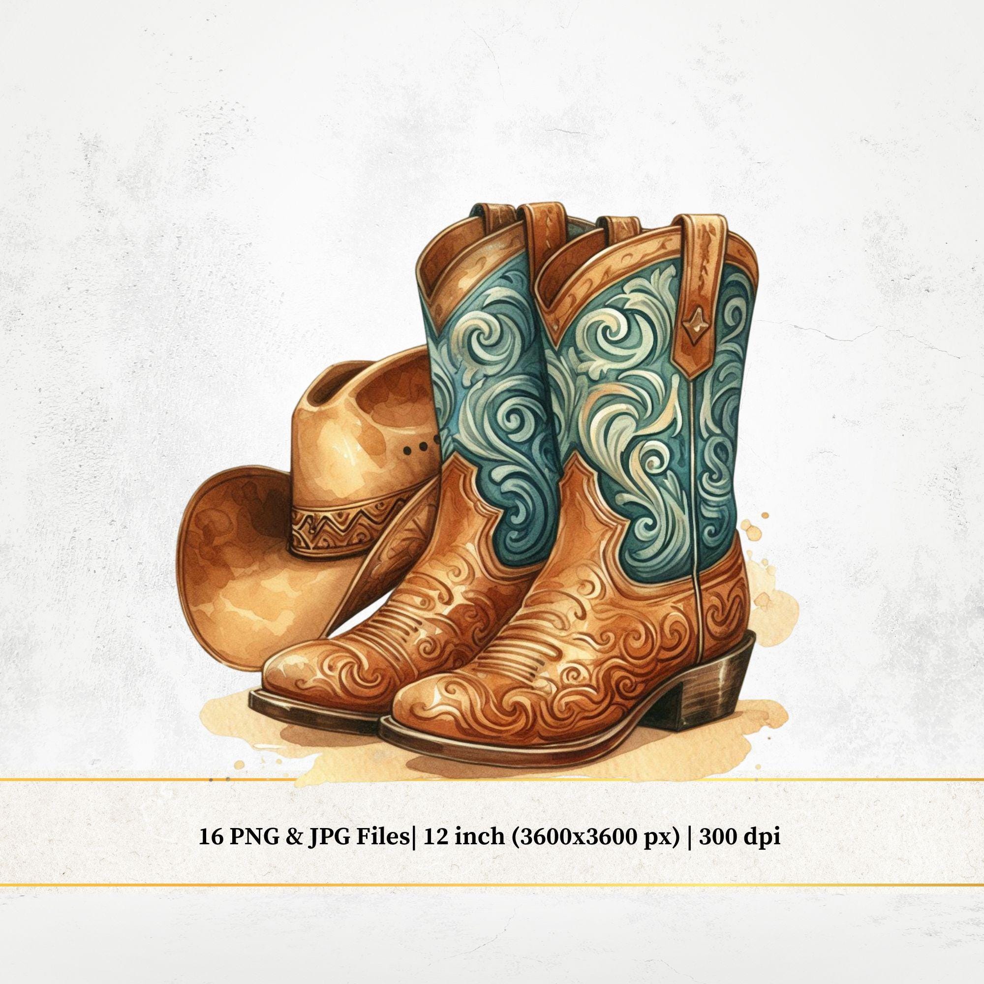 Watercolor Cowboy Boots and Hat PNG, Rodeo Clipart, Country Bundle ...