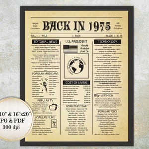 Back in 1975 Newspaper Poster, Back in Time Sign, Birthday 1975 Facts ...