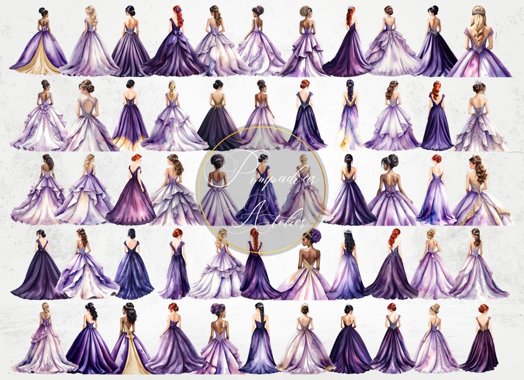 Purple Dress Princess Watercolor Clipart: Bridesmaid & Sweet Sixteen ...