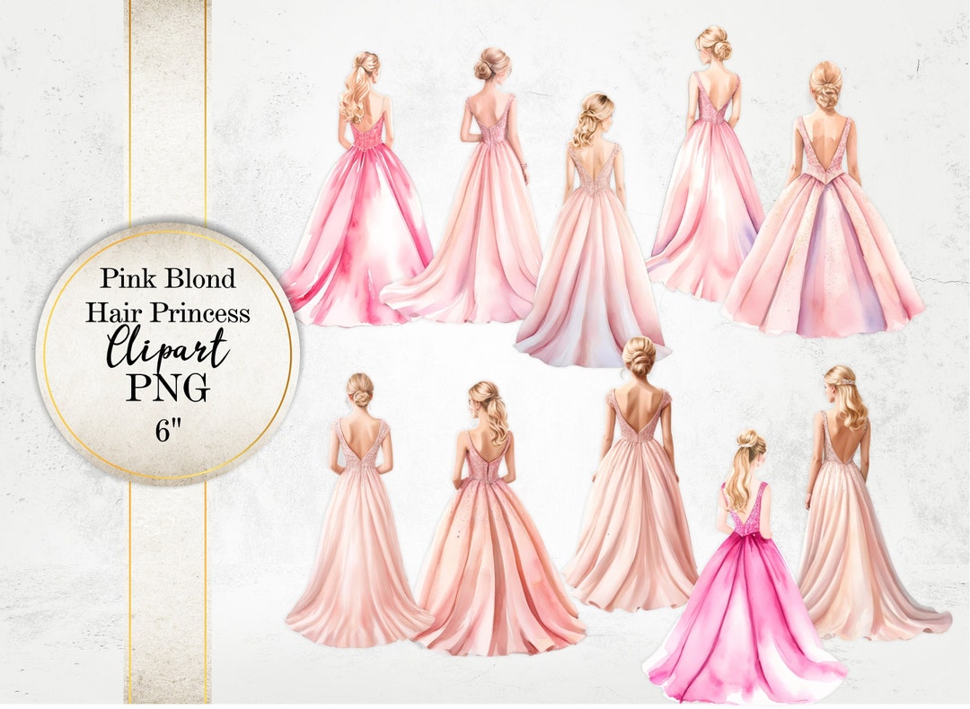 Blond Hair Back View Princess, Pink Dress Princess Watercolor Clipart ...