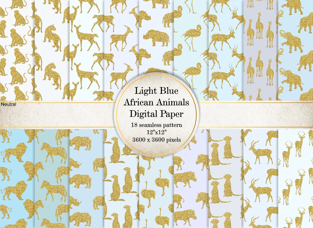 Gold Glitter African Animals Patterns, Light Blue Colors Digital Paper ...