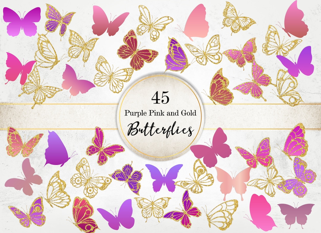 Gold Glitter Butterflies Clipart: Pink, Purple Lace Ephemera (PNG Image ...