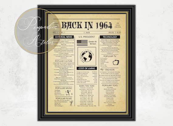 Back in 1964 Vintage Poster Printable Newspaper Sign Born in - Etsy