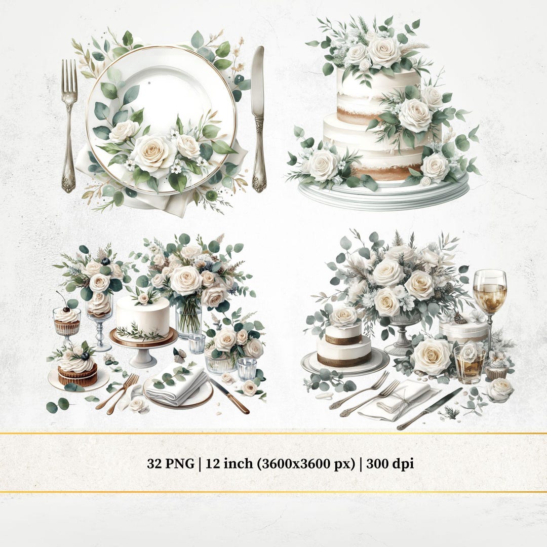 White Roses Wedding Clipart: Watercolor Floral Pngs (digital Download ...