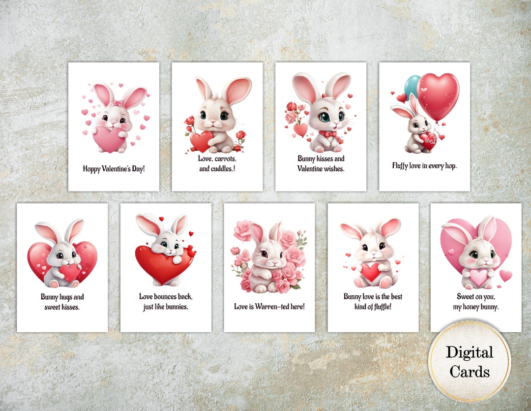 Cartoon Cute Bunnies Cards Collection, 9 Valentine's Day Cards, Bunny ...