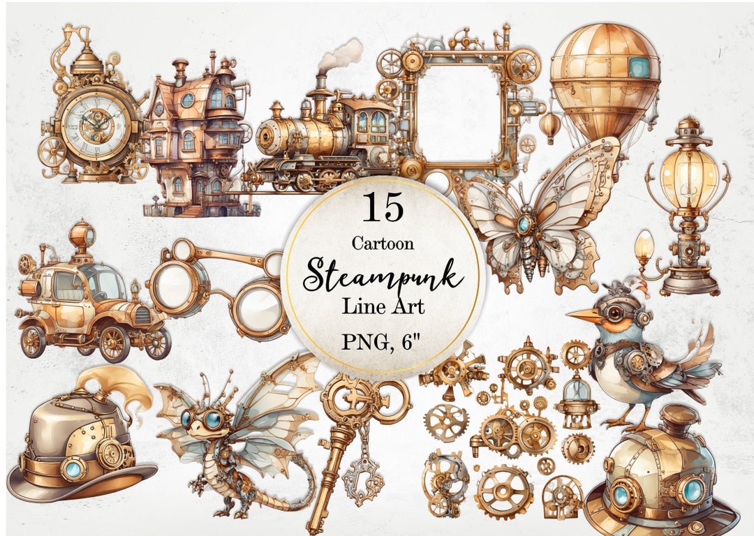 Steampunk Cartoon Line Art Clipart, Fantasy Objects PNG Graphics and ...