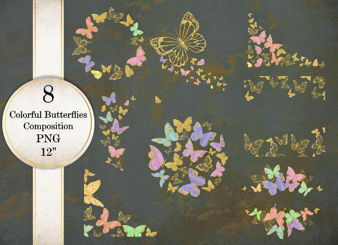 Colorful and Gold Glitter Butterflies Compositions Clipart, Lace ...