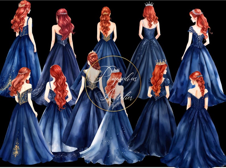 Navy Blue Princess Clipart: Watercolor Bridesmaid Dresses (PNG Files ...
