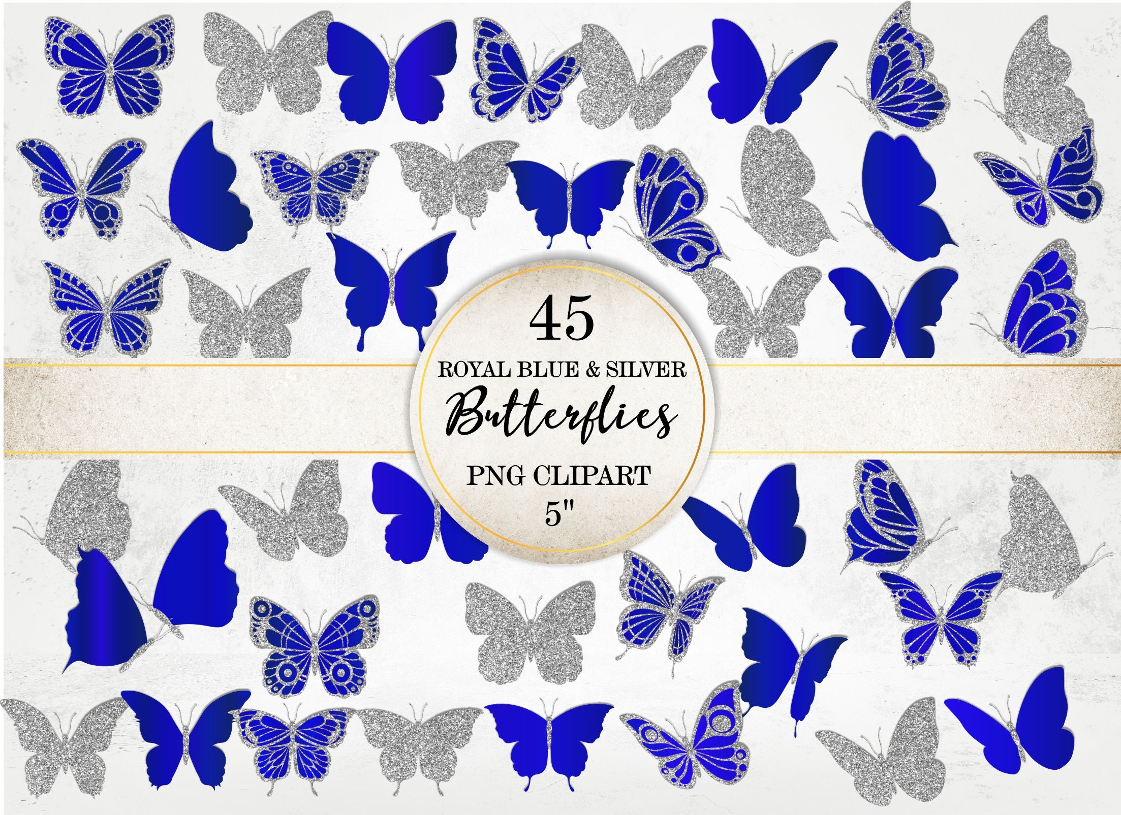Royal Blue Glitter Butterfly Clipart: Silver Lace PNG Bundle (digital ...