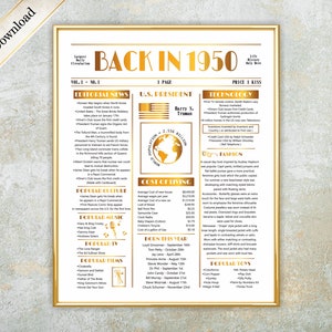 Golden Back in 1950 Poster, Elegant 1950 Birthday Sign, 1950 Facts ...