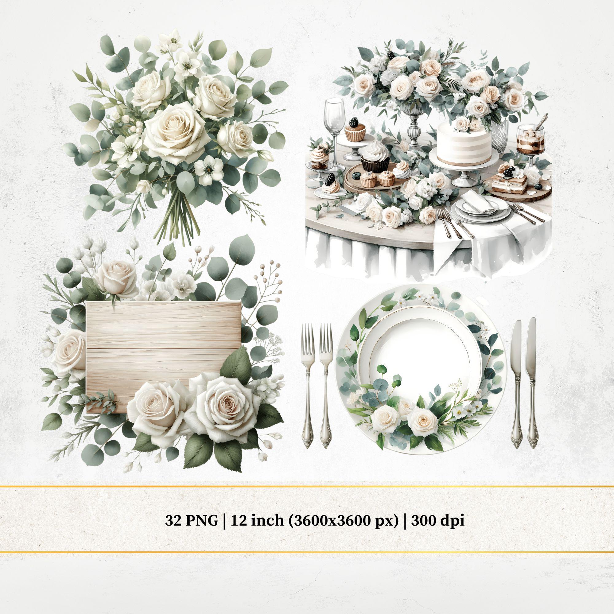 White Roses Wedding Clipart: Watercolor Floral Pngs (digital Download ...