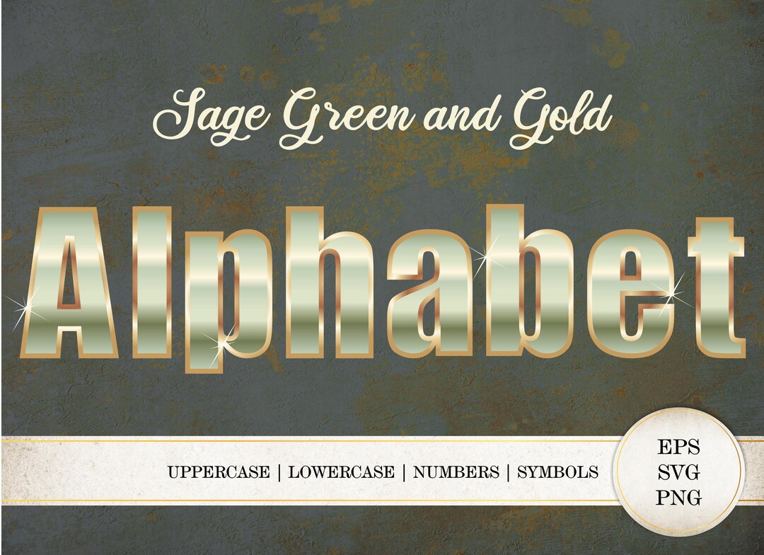 Sage Green & Gold Alphabet: Digital Letters, Numbers, Symbols (PNG, SVG ...