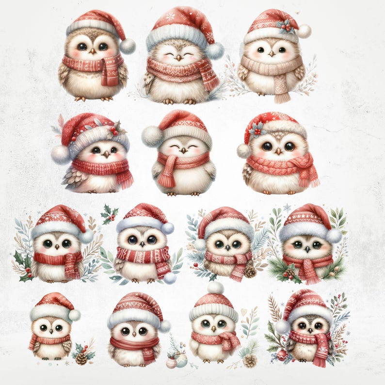 Watercolor Christmas Baby Owl Clipart: Cozy Christmas PNG (digital ...
