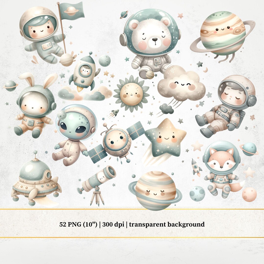 Watercolor Space Clipart: Neutral Planets, Astronauts, Rockets (PNG ...
