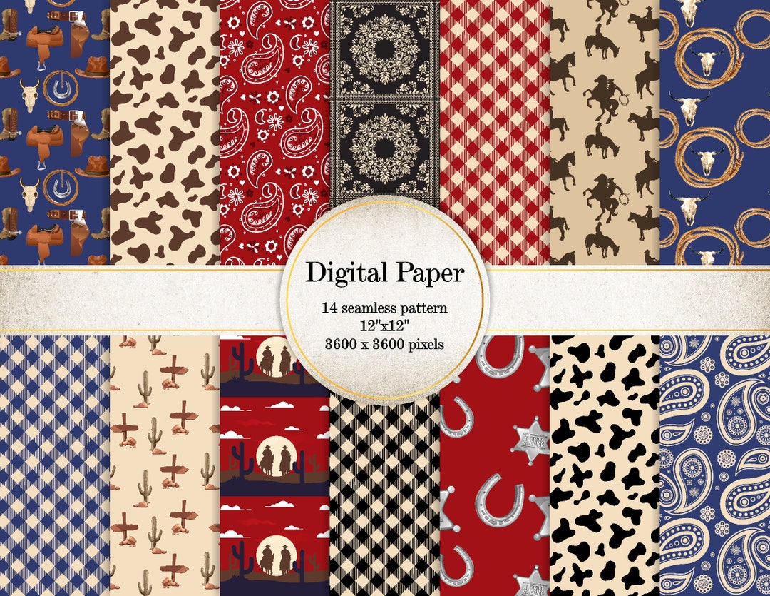 Cowboy Digital Paper Pack, Seamless Pattern, Wild West Scrapbook Paper ...
