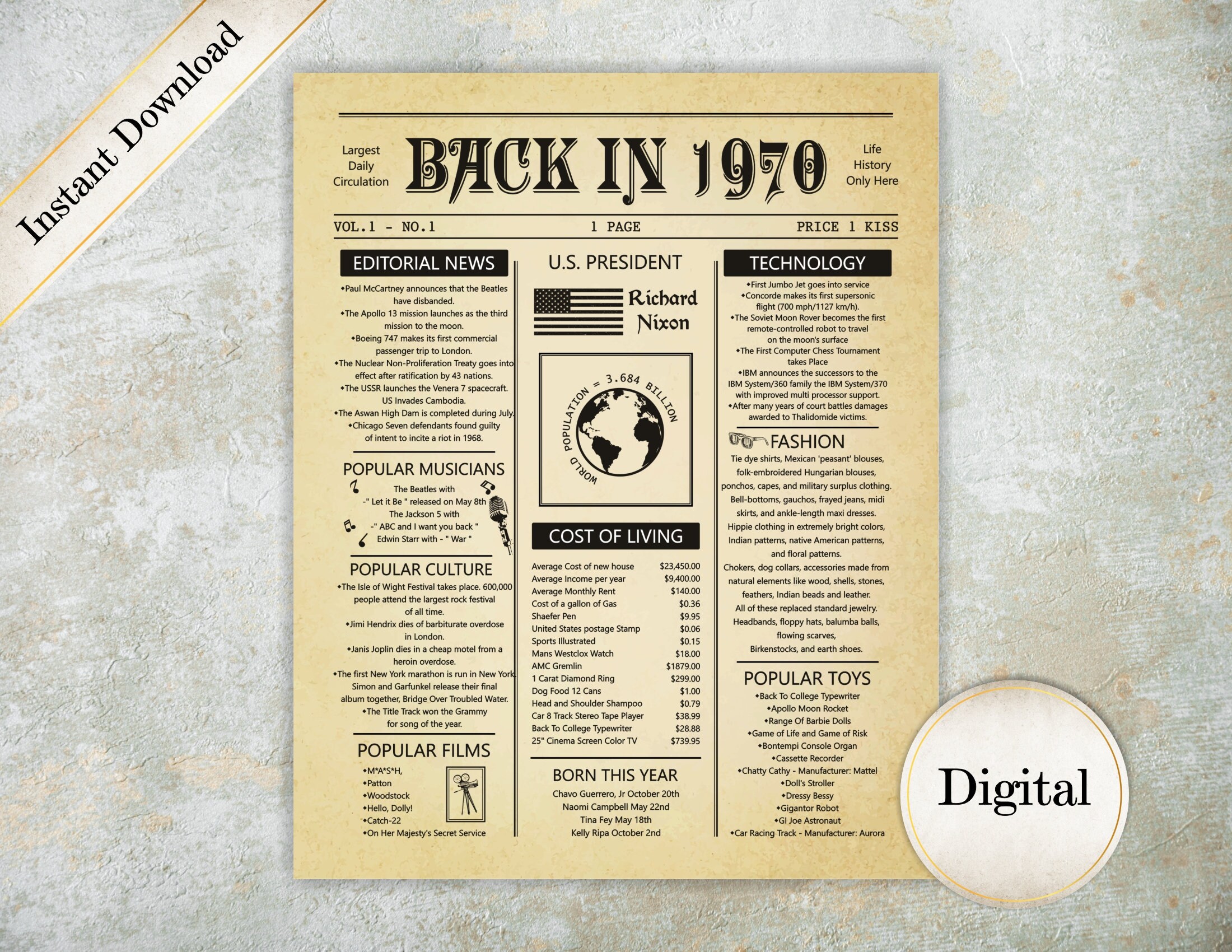 Back in 1970 Printable Poster Newspaper Style Sign 1970 | Etsy