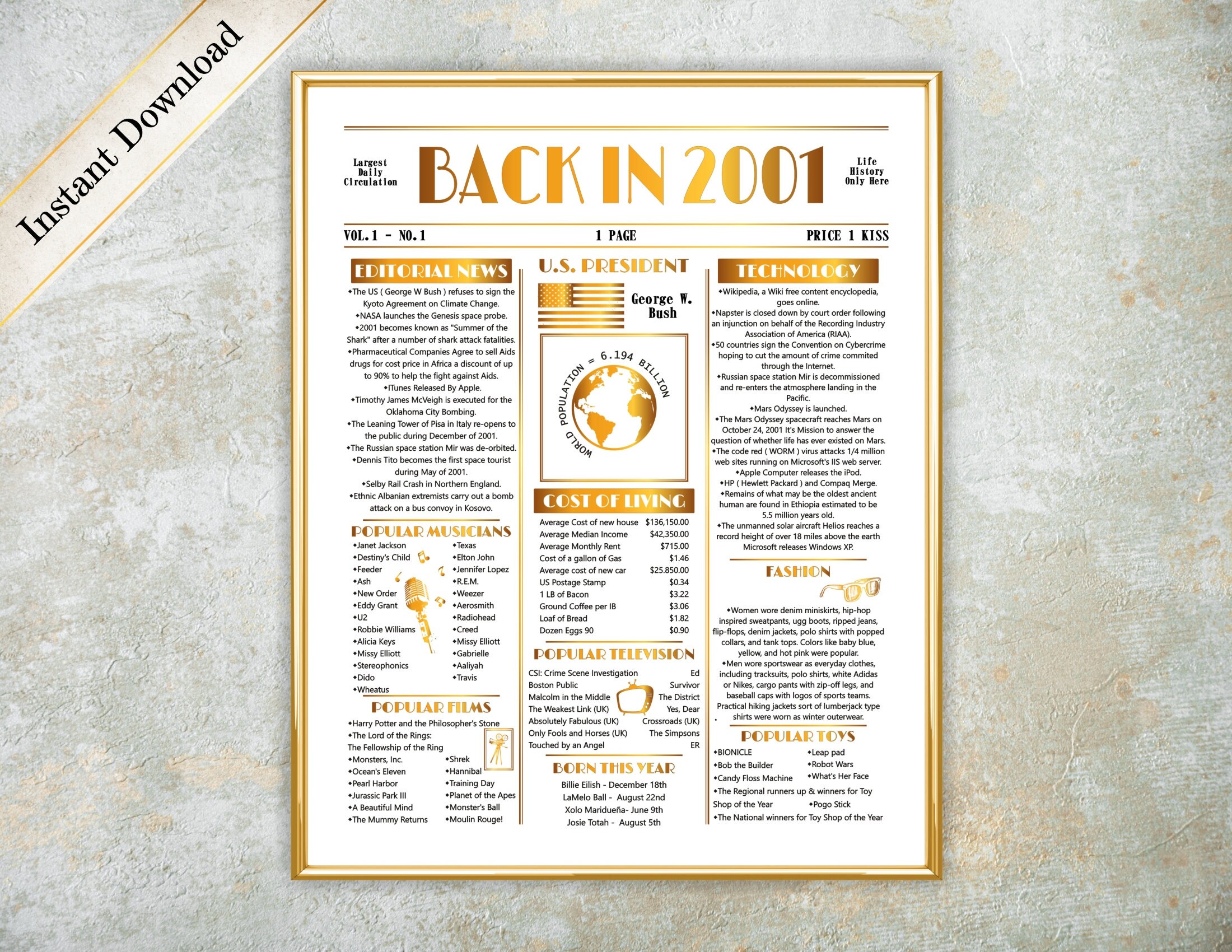 Back in 2001 Newspaper Poster White/ Black and Gold Printable - Etsy