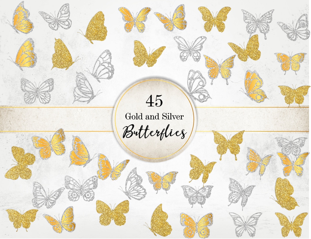 Gold & Silver Glitter Butterfly Clipart: PNG Image Pack (digital ...