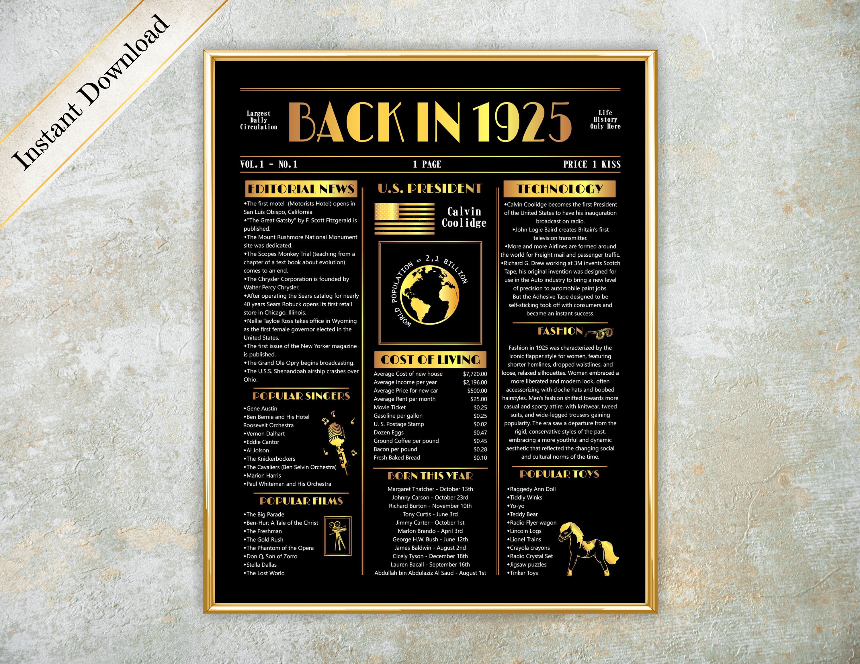1925 Birthday Facts Sign, Flashback Party Decoration (printable PDF) - Etsy