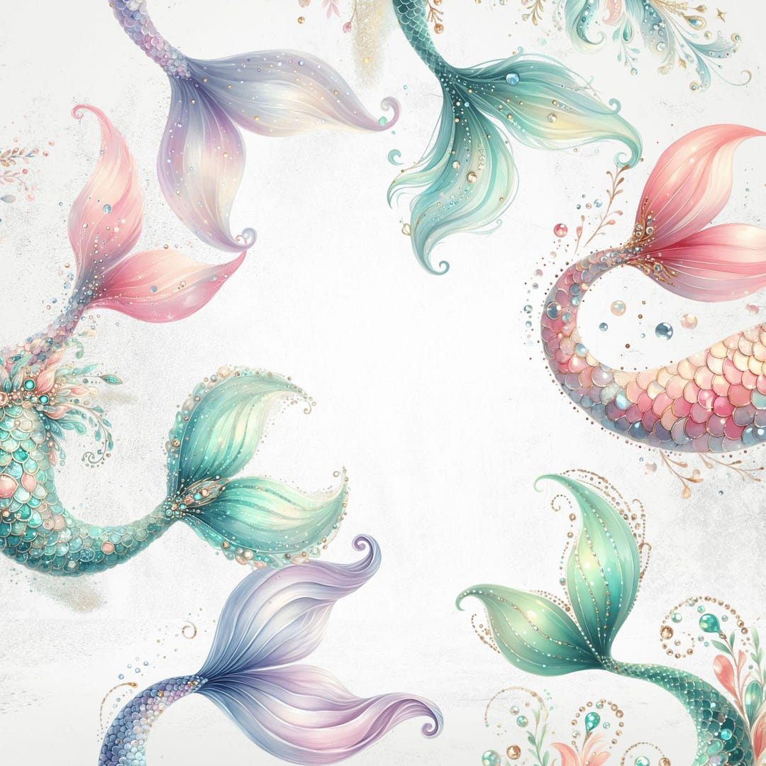 Sparkling Mermaid Tails Clipart: Pastel Glitter Watercolor Pngs ...