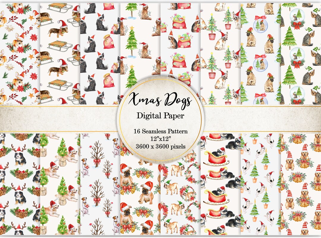 Christmas Dogs Seamless Pattern, Santa Hats Watercolor Doggy Christmas ...
