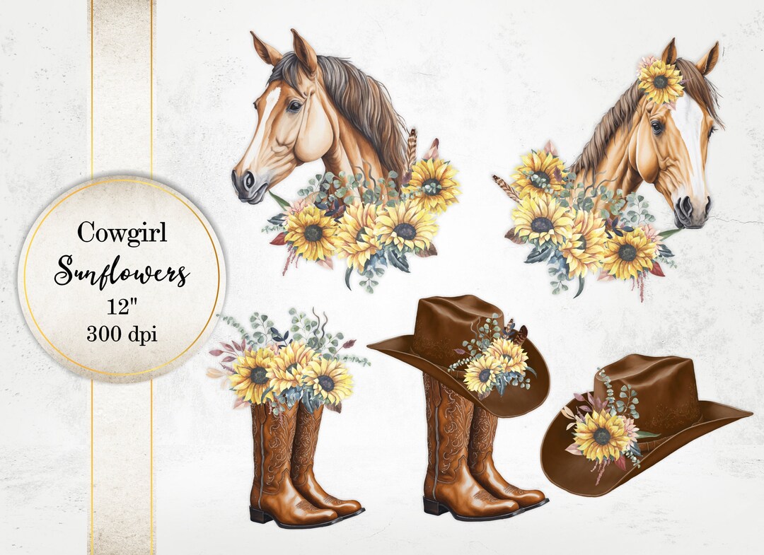 Cowgirl Sunflower Clipart: Western Horse, Boots, Hat PNG Graphics ...